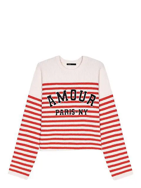 Maje Striped Slogan-embroidered Knitted Jumper - Ecru /red