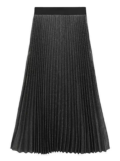 REISS Metallic Pleated Woven Midi Skirt - Charcoal Grey