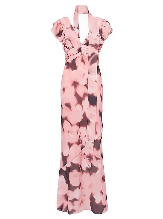 PRETTY LAVISH V-neck Plissé Woven Maxi Dress - Blush Watercolour