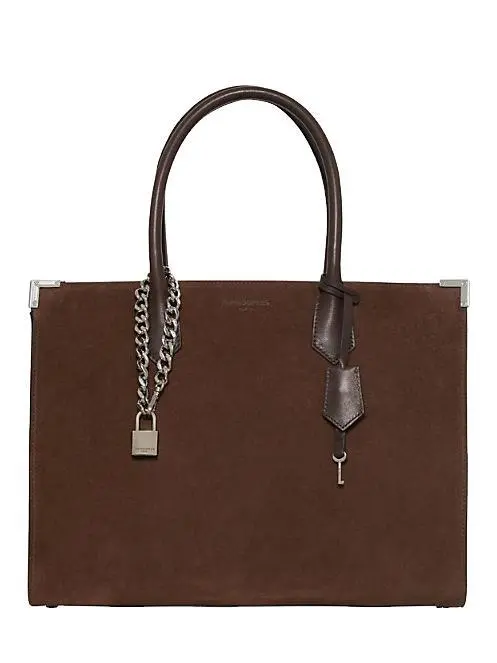 The Kooples Leather Tote Bag With Chain Padlock Charm - Chocolate