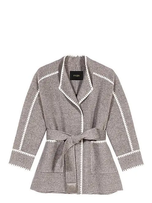Maje Belted Embroidered-trim Wool-blend Coat - Grey/white