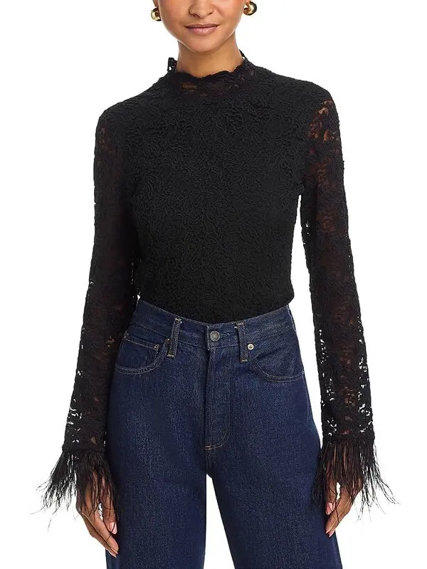 Aqua Feather Trim Lace Top - Black