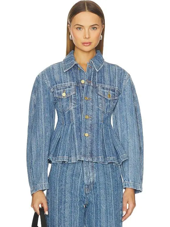 GANNI Structured Denim Fitted Jacket - Mid Blue Stone