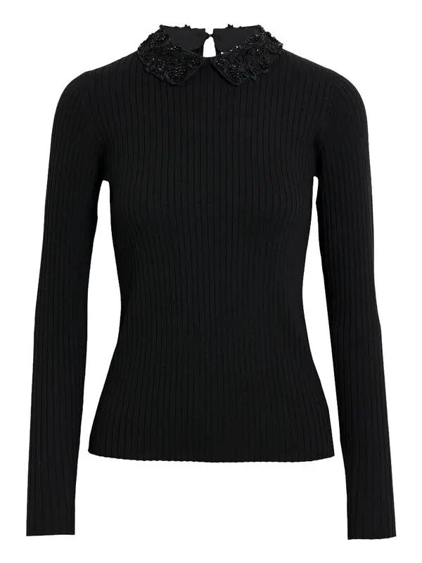 Carolina Herrera Ribbed Wool Sweater With Embellished Detachable Collar - Black