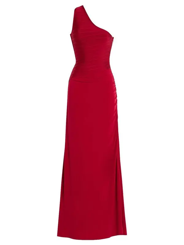 Herve Leger Camellia One-shoulder Gown - Crimson