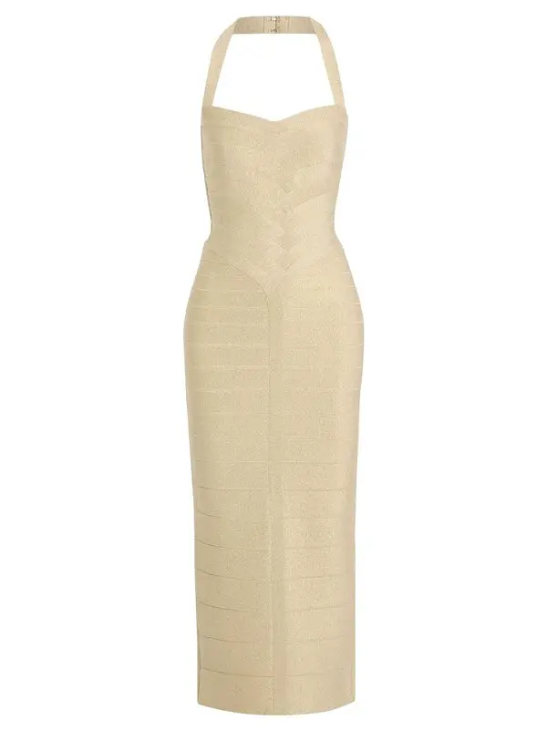 Herve Leger Iris Metallic Bandage Halterneck Gown - Gold