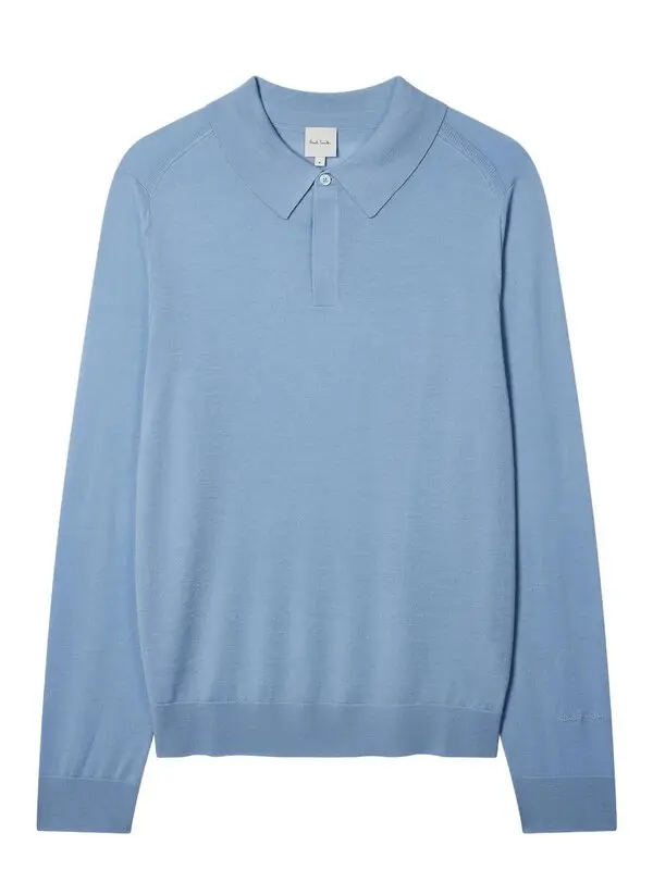 Paul Smith Light Navy Merino Wool Knitted Long-sleeve Polo Shirt - Blue