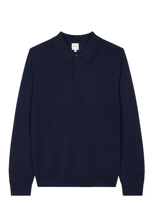 Paul Smith Navy Merino Wool Knitted Long-sleeve Polo Shirt - Blue