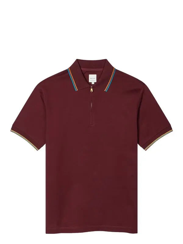 Paul Smith Burgundy Cotton 'signature Stripe' Trim Zip Polo Shirt - Red