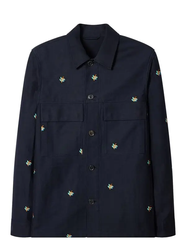 Paul Smith Navy Embroidered Leaf Cotton Shirt Jacket - Blue