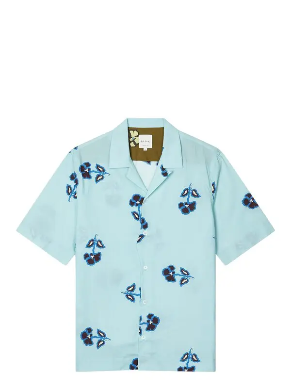 Paul Smith Light Cotton-lyocell 'tri Flower' Short-sleeve Shirt - Blue