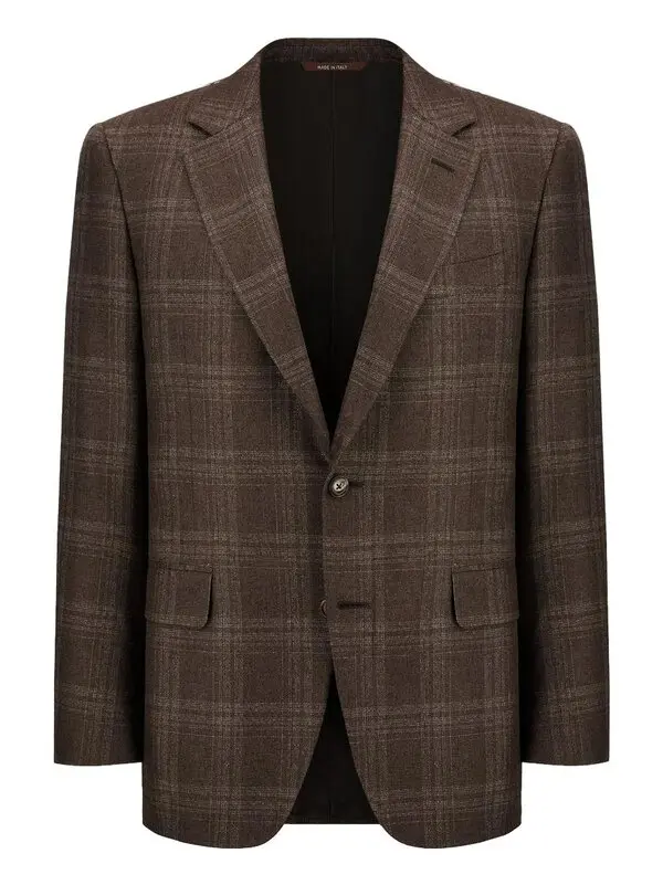 Canali Light Blue And Overcheck Blazer In Silk And Cashmere - Brown