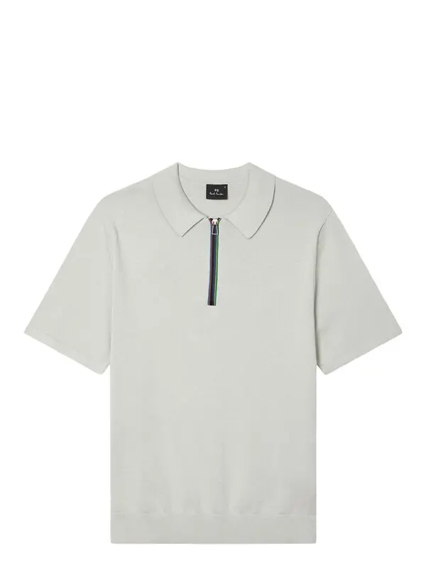 Paul Smith Light 'sports Stripe' Zip Knitted Cotton Polo Shirt - Grey
