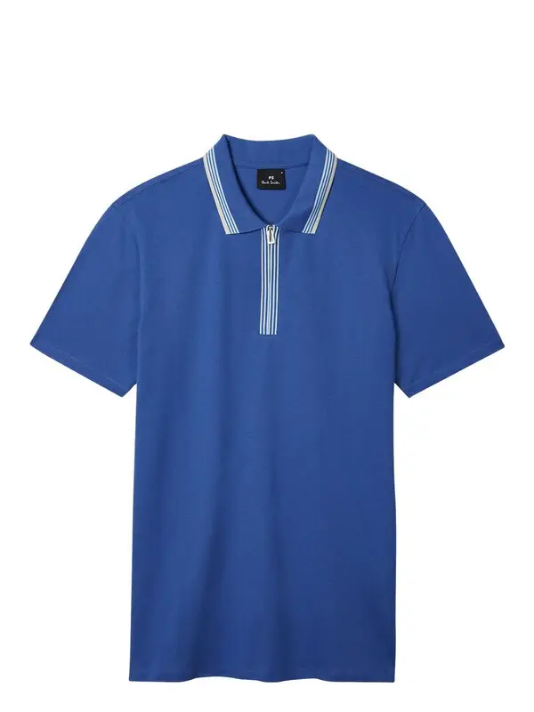 Paul Smith Cornflower Contrast Tipping Zip-neck Polo Shirt - Blue