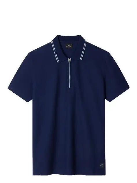Paul Smith Navy Zip-neck Pique Polo Shirt - Blue