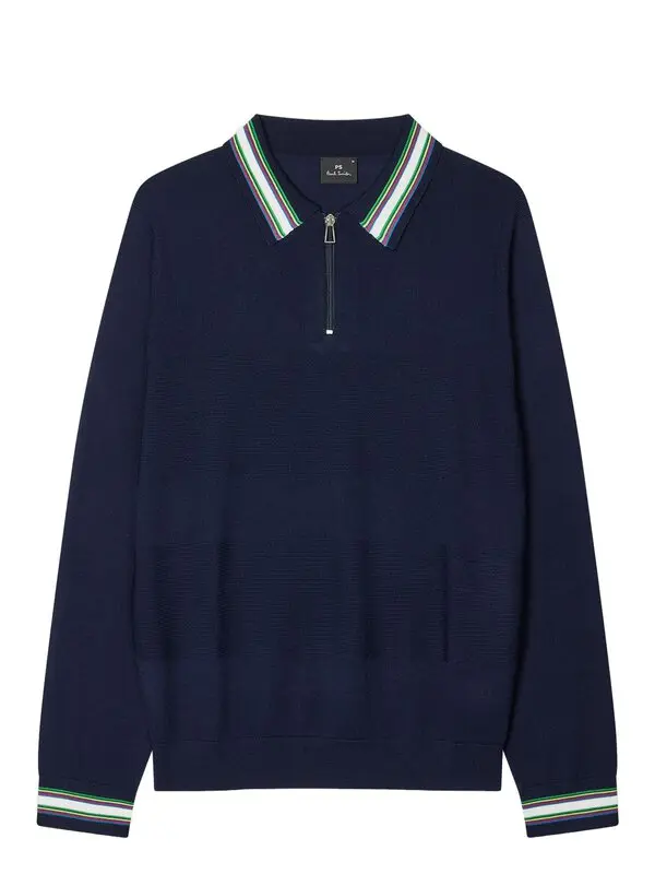 Paul Smith Navy Wool-cotton Zip Neck Knitted Polo Shirt - Blue