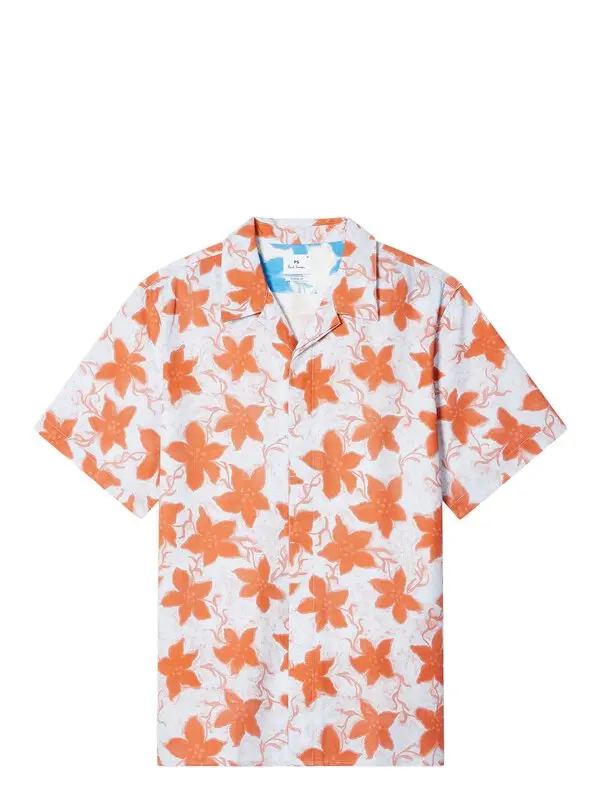 Paul Smith Pale Orange 'gentian Flower' Print Short-sleeve Shirt - Blue