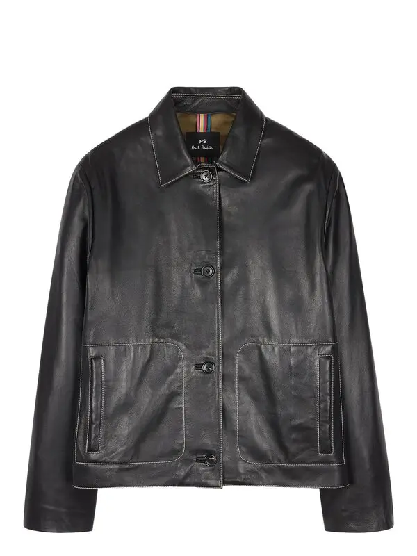 Paul Smith Leather Jacket With Contrast Stitch - Black