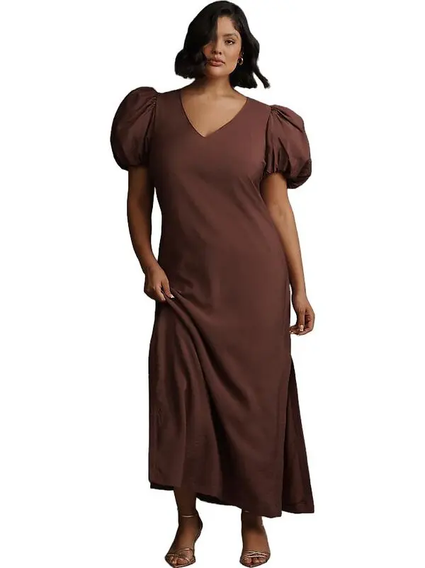 Anthropologie Loverlygrey X Puff-sleeve V-neck Maxi Dress - Warm Cocoa