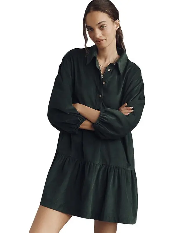 Maeve Corduroy Mini Shirt Dress - Forest Green