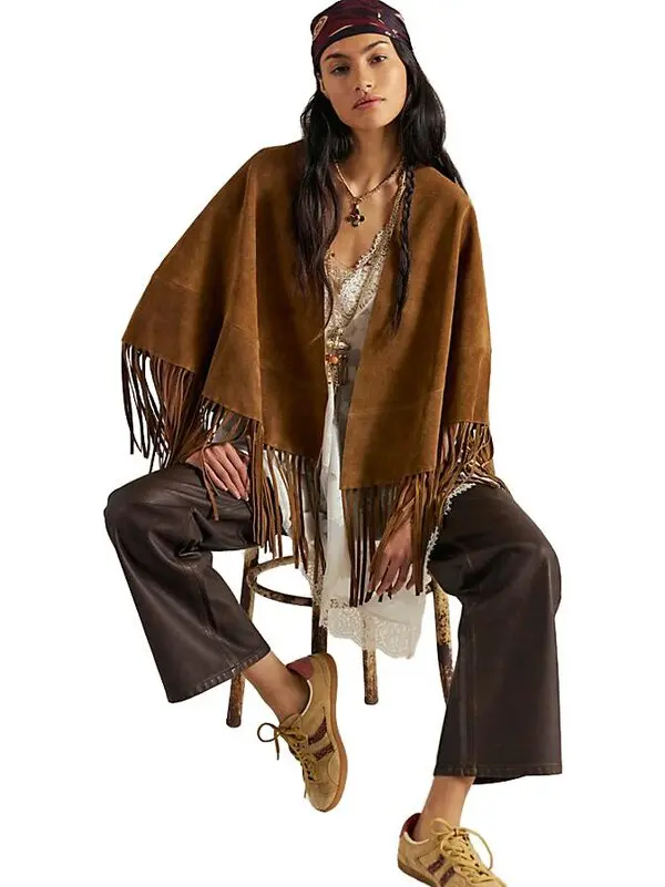 Free People Suede Shawl With Fringe Detailing - Brown