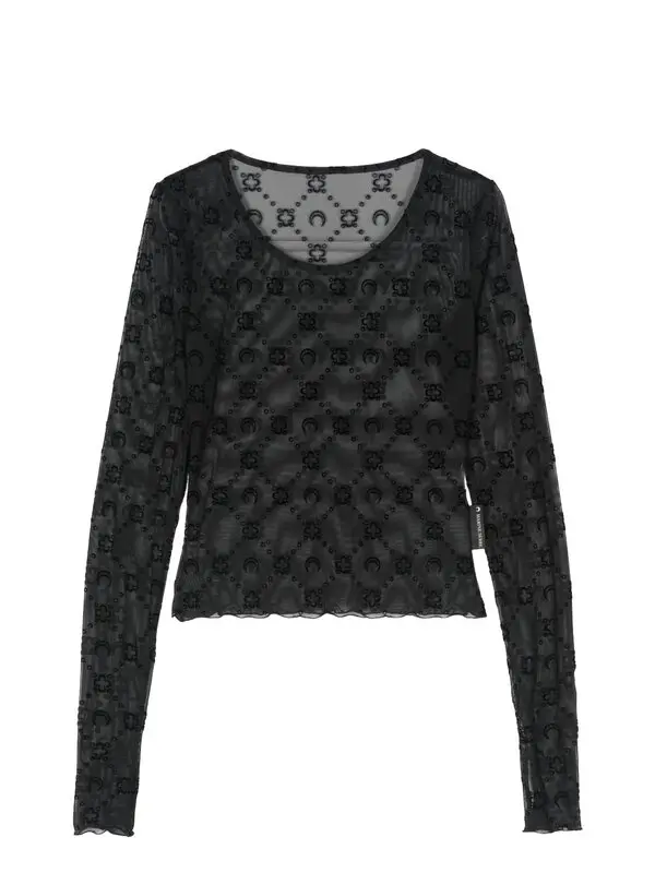 MARINE SERRE Moonogram Mesh Long Sleeve Cropped Top - Black