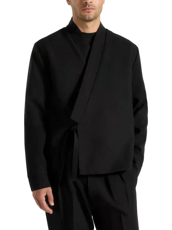 Manière De Voir Textured Kimono Wrap Jacket With Silver-tone Branding - Black