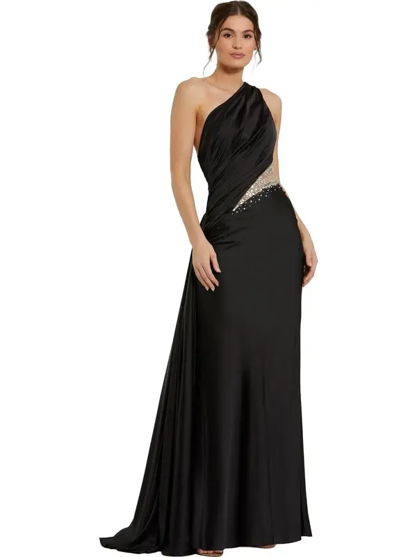 Mac Duggal One-shoulder Charmeuse Gown With Beaded Cutout - Black
