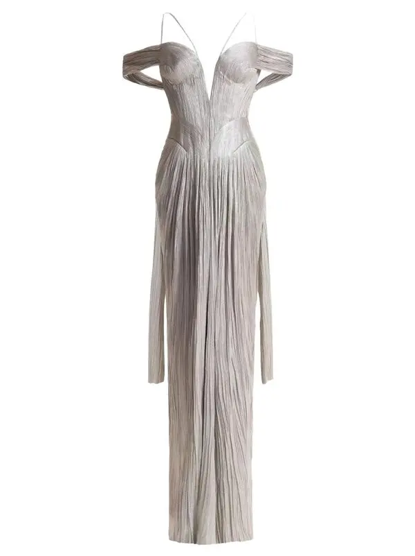 MARIA LUCIA HOHAN Pleated Front-slit Gown - Grey