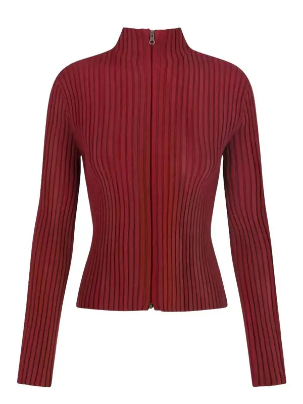 AMOMENTO Ribbed Zip-up Cardigan - Red