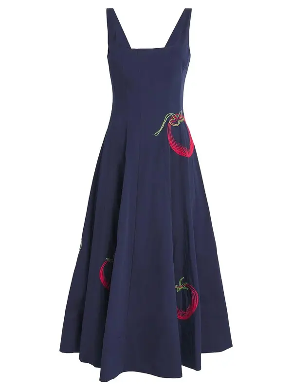 Staud Tomato-embroidered Wells Midi Dress - Navy