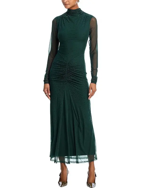 Aqua Crystal Long Sleeve Mesh Maxi Dress - Dark Green