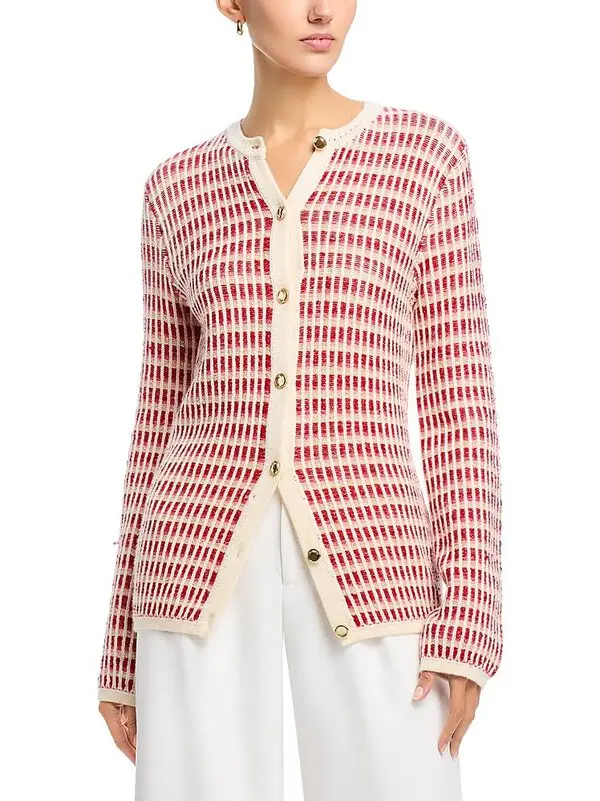 Ramy Brook Ivy Wool Blend Crewneck Cardigan Sweater - Ivory / Scarlet Red Knit
