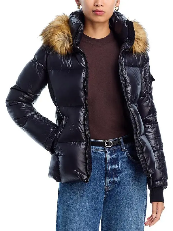 Aqua Gloss Puffer Jacket With Faux Fur Trimmed Hood - Jet/natural