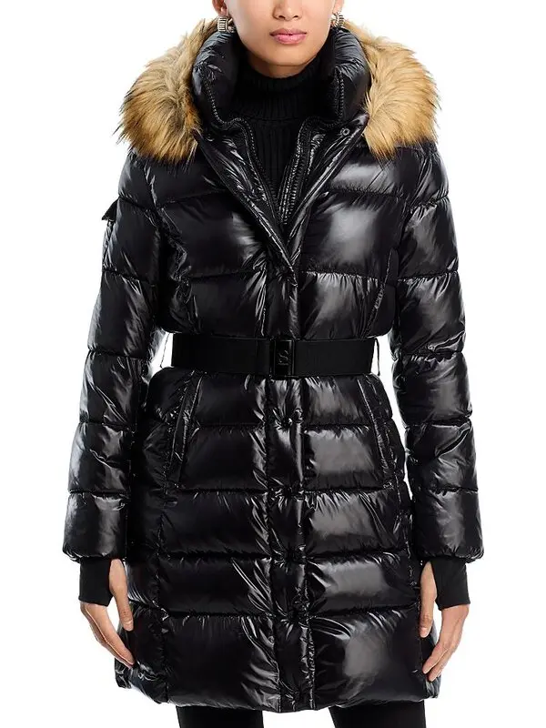 Aqua Long Belted Puffer Coat With Faux Fur Trimmed Hood - Jet/natural