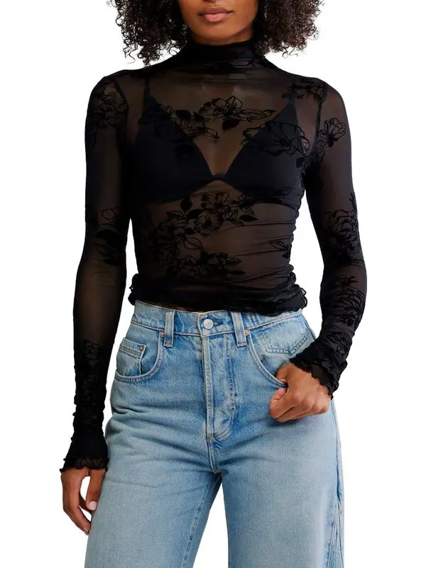 Free People Lace Mesh Top - Black