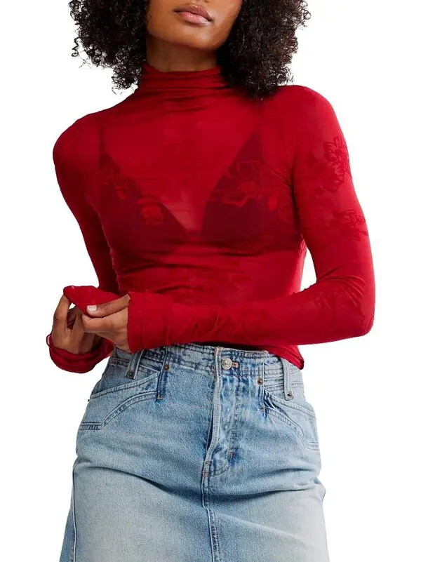 Free People Lace Mesh Top - Deep Cherry
