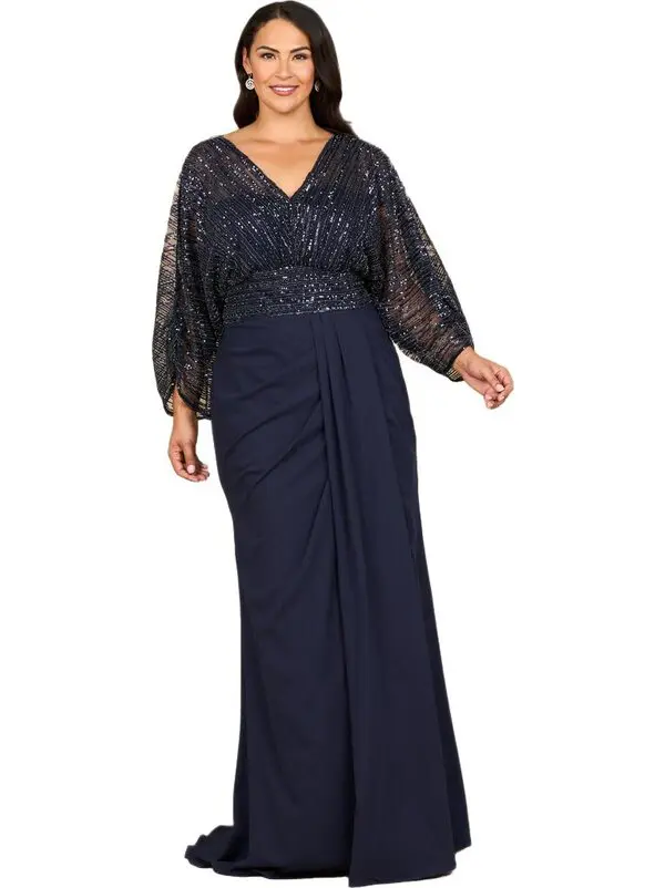 LARA NEW YORK Draped Skirt Gown With Cape Sleeves - Navy