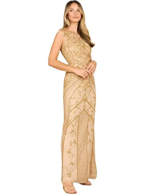 LARA NEW YORK Beaded Tulle Sheath Gown - Gold