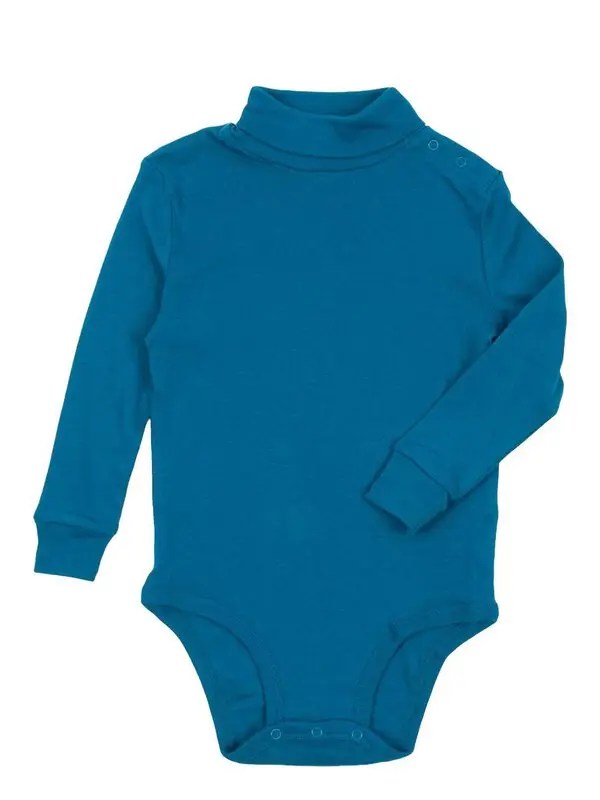 LEVERET Cotton Long Sleeve Turtleneck Bodysuit - Teal Blue