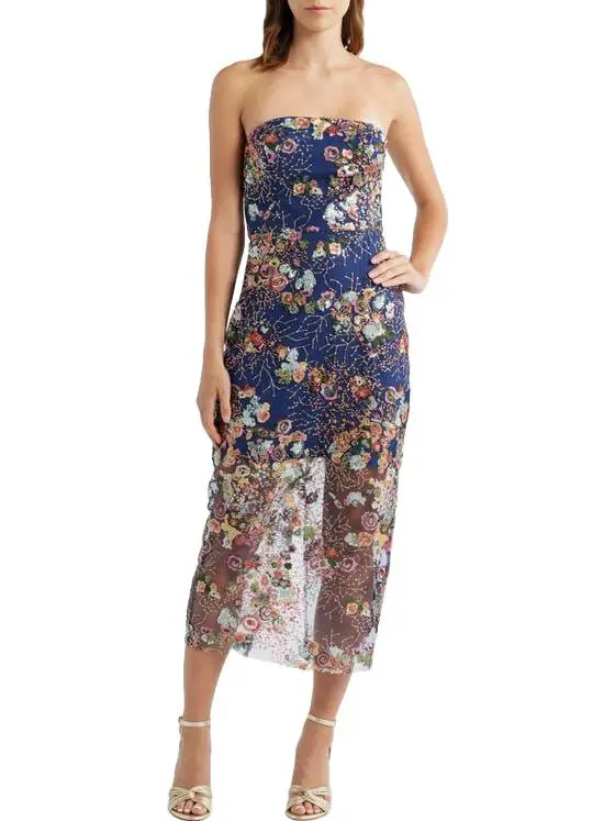 Sam Edelman Floral Sequin Strapless Midi Dress - Navy