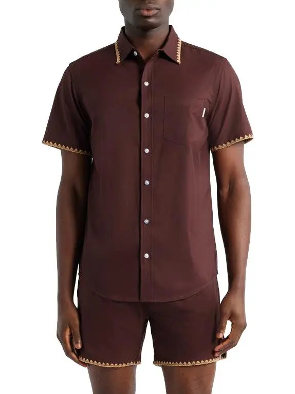 MAVRANS Espresso Crochet Trim Short Sleeve Button-up Shirt - Brown