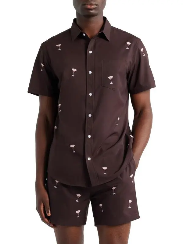 MAVRANS Espresso Martini Trim Fit Short Sleeve Performance Button-down Shirt - Brown
