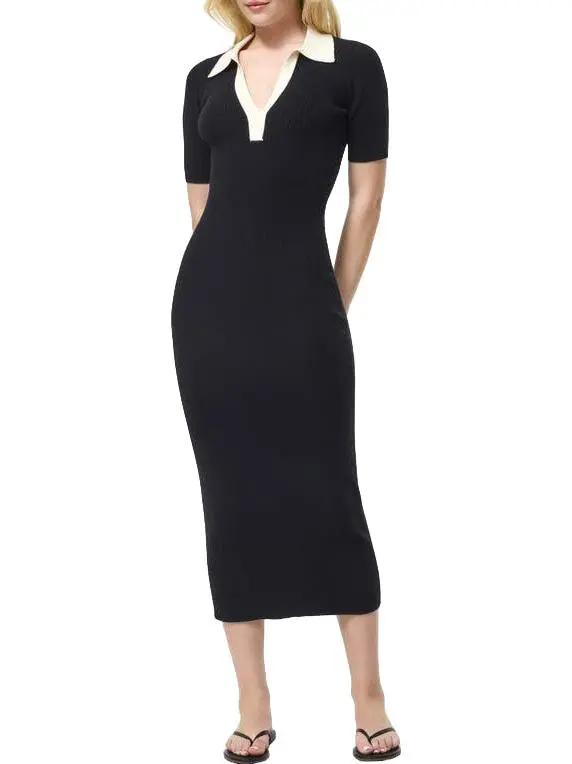 French Connection Collar Ribbed Midi Dress - Black Porcelain Cream