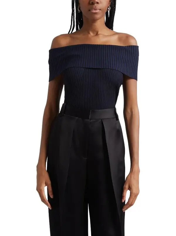 Ramy Brook Foldover Off-the-shoulder Rib Top - Black/navy