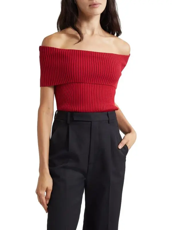 Ramy Brook Foldover Off-the-shoulder Rib Top - Scarlet Red