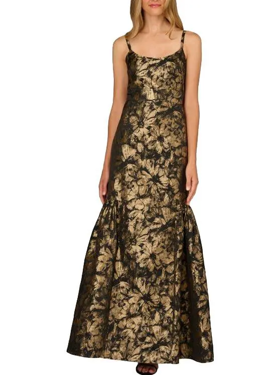 Aidan Mattox Metallic Floral Jacquard Mermaid Gown - Black/gold