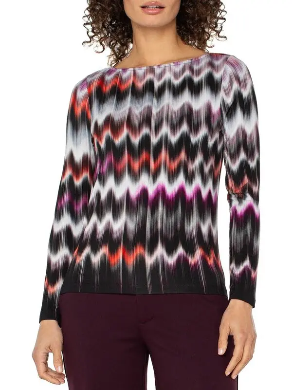 LIVERPOOL Abstract Print Boat Neck Long Sleeve Top - Multi Wavy Stripe