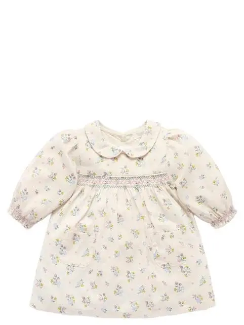 PUREBABY Floral Smocked Dress - Wheat Strawberry Blossom Print