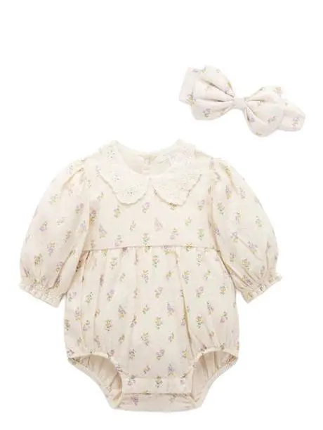 PUREBABY Gathered Bodysuit & Headband Set - Primrose Print